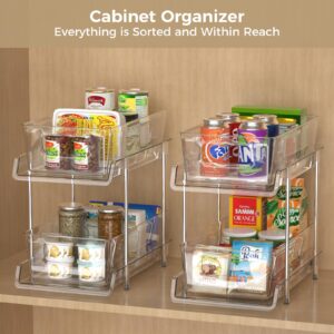 Delapuwea 2 Tier Clear Organizer with Dividers, Multi-Purpose Pull Out Cabinet Organizer, Bathroom Vanity Counter Drawer Organizers, Under Sink Organizer, Kitchen Pantry Cabinet Medicine Bins, 2 Set