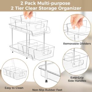 Delapuwea 2 Tier Clear Organizer with Dividers, Multi-Purpose Pull Out Cabinet Organizer, Bathroom Vanity Counter Drawer Organizers, Under Sink Organizer, Kitchen Pantry Cabinet Medicine Bins, 2 Set