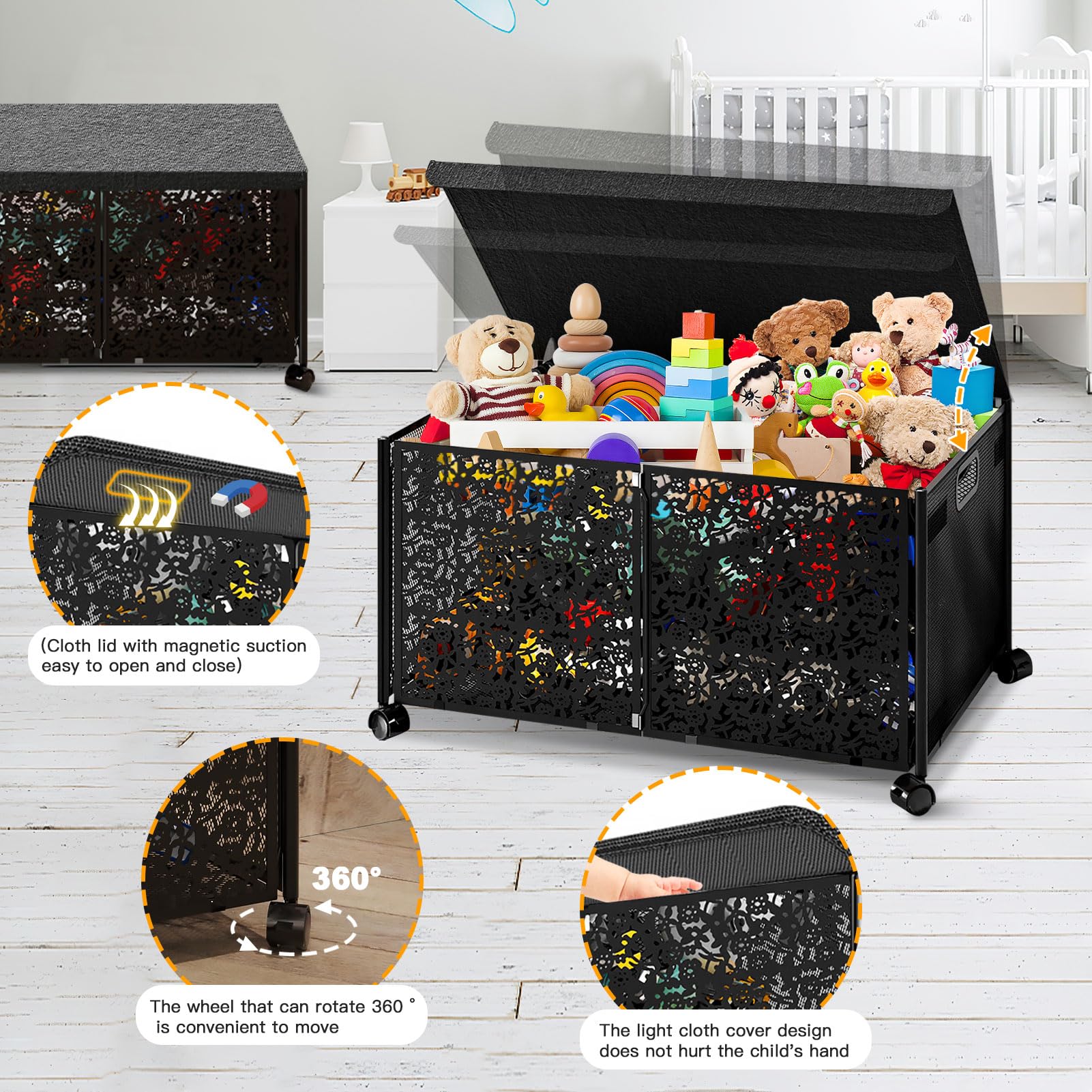 【Upgraded】Toy Box Storage with Wheels,70L Large Capacity Toy Storage Organizer,Multi-Function Storage Bins with Lids Made of Robust Metal,Foldable and Easy to Assemble,Toy Box for Girls Boys