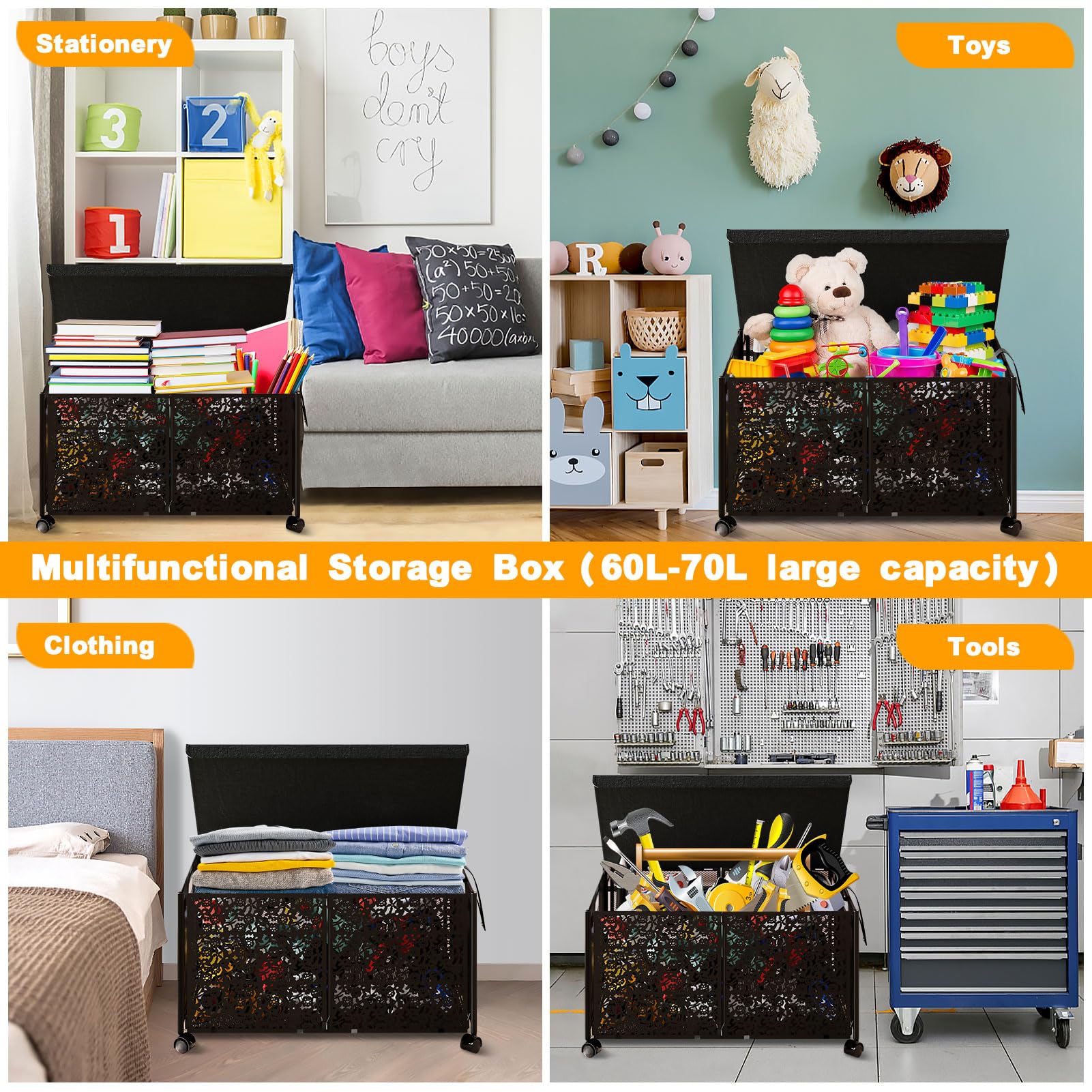 【Upgraded】Toy Box Storage with Wheels,70L Large Capacity Toy Storage Organizer,Multi-Function Storage Bins with Lids Made of Robust Metal,Foldable and Easy to Assemble,Toy Box for Girls Boys