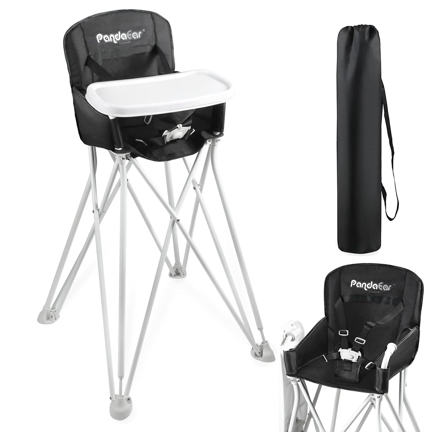 PandaEar Portable High Chair for Babies and Toddlers, Foldable HighChair with Tray, Baby Travel Dining Chair for Indoor & Outdoor -Black