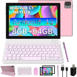 2 in 1 tablet, 10 inch android 13 tablet with keyboard 8gb+64gb+512gb expand dual camera, ips touch screen tablet computer, wifi, bluetooth, long battery life, google certified tablet pc, pink