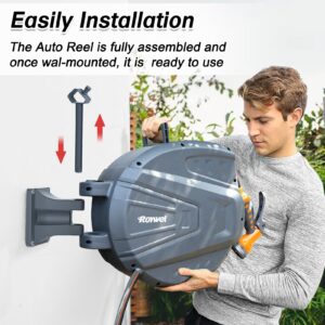 Roywel Hose Reel,Garden Hose Reel with Retractable Hose 100ft 5/8,Hose Reel Wall Mount 5/8 Retractable Hose Reel,Auto-Rewind,Auto Lock, with 9 in 1 Spray Gun,180° Pivot for watering