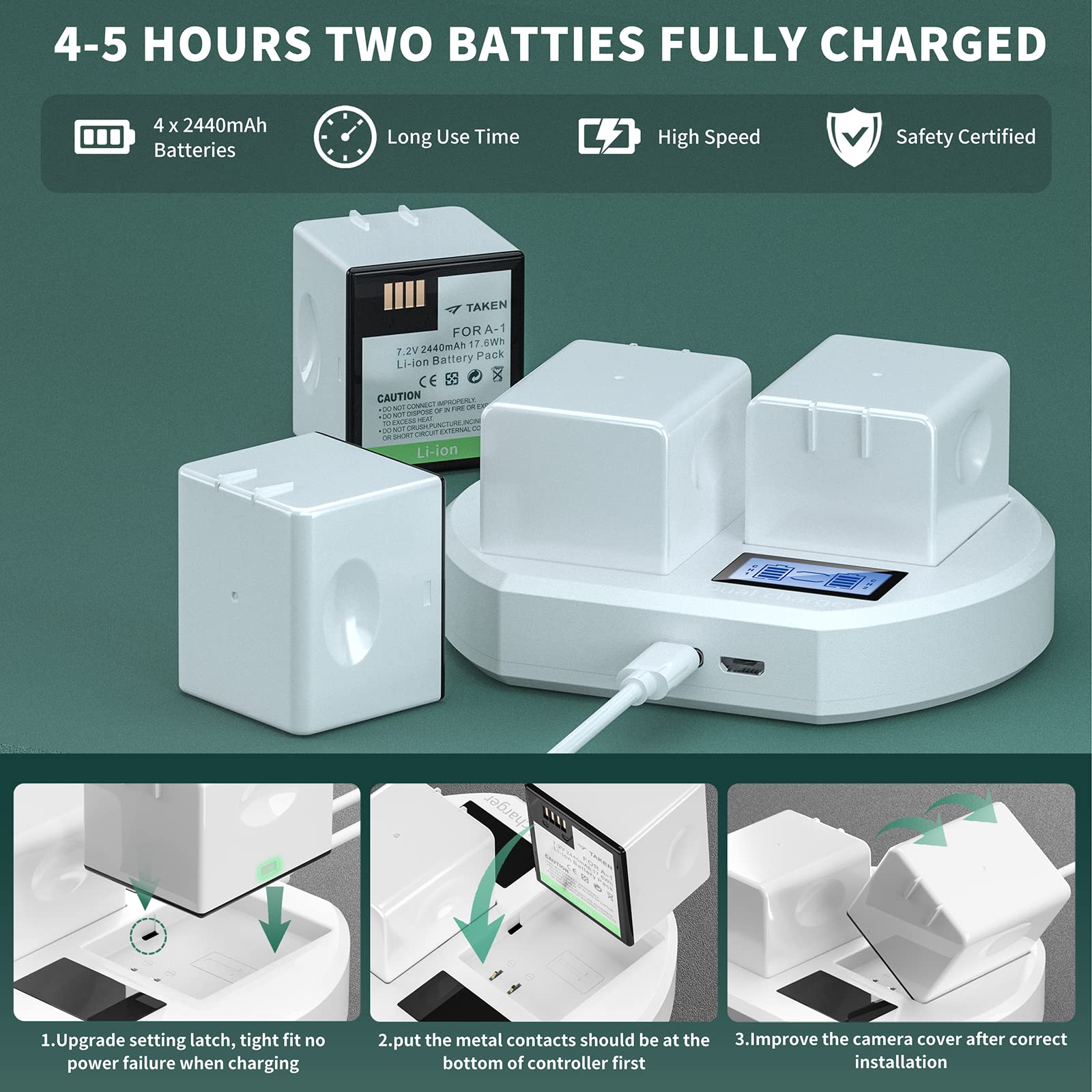 Taken Batteries for Arlo Pro and Arlo Pro 2 Surveillance Camera, 4-Pack 7.2V 2440mAh Relacement Batteries with LCD Battery Charger Station（NOT Compatible with Arlo Ultra 2, Arlo Pro 3）