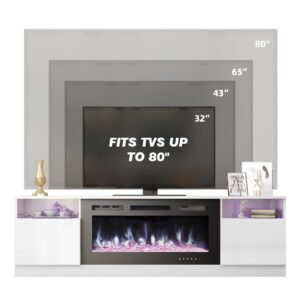 EROMMY 70'' Fireplace TV Stand with 36'' Electric Fireplace, Entertainment Center with 16 Color Led Lights and 12 Flame Fireplace Insert Heater, White TV Console for TVs up to 80'' for Living Room