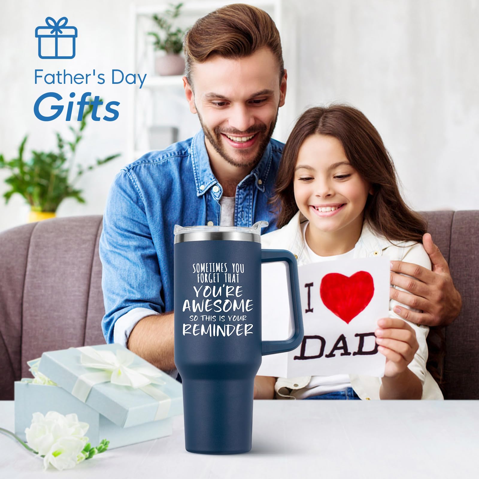 NOWWISH Inspirational Gifts for Men, Sometimes You Forget You're Awesome 40 oz Tumbler with Handle and Straw, Birthday Gifts for Him Husband Dad and Boyfriend - Navy Blue