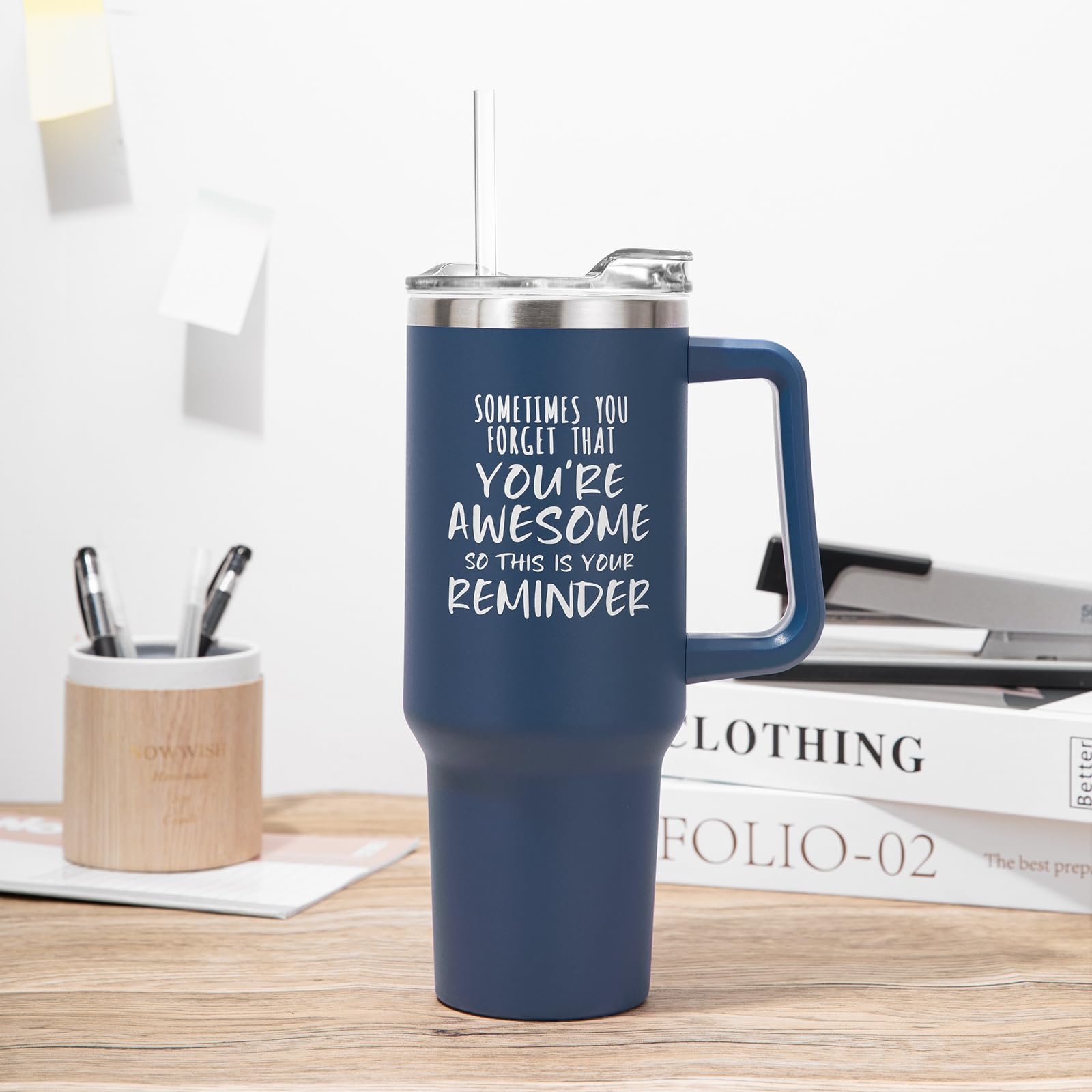 NOWWISH Inspirational Gifts for Men, Sometimes You Forget You're Awesome 40 oz Tumbler with Handle and Straw, Birthday Gifts for Him Husband Dad and Boyfriend - Navy Blue