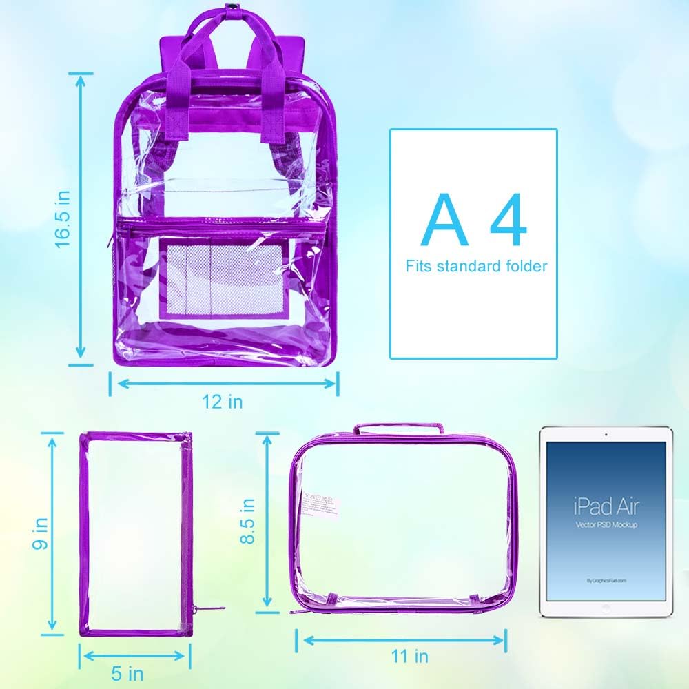 FTJCF 3PCS Clear Backpack, Stadium Approved Transparent Bookbag for Men Women, Heavy Duty PVC See Through Backpack Set