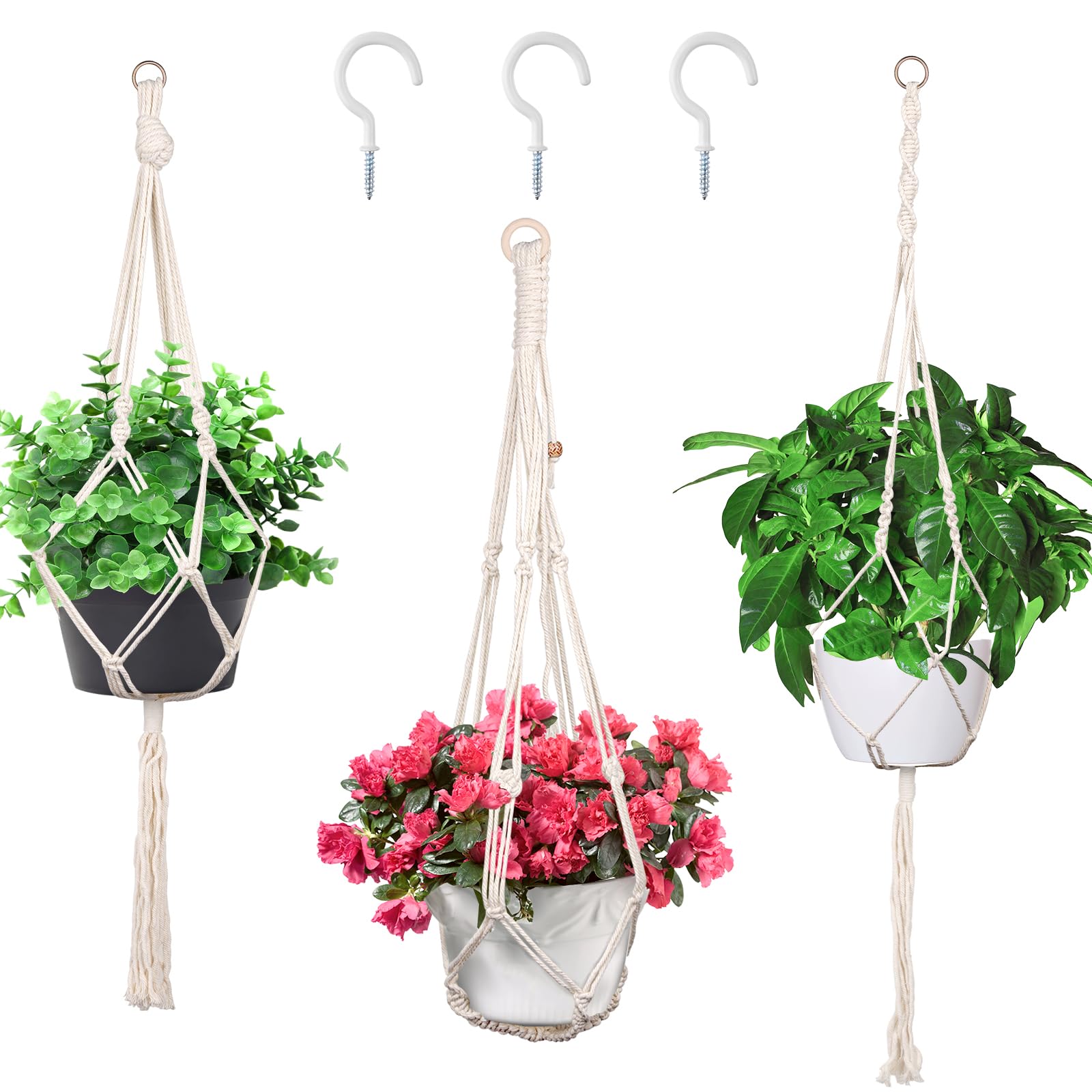 WINKIO 3 Pack Handwoven Cotton Rope Macrame Plant Hanger - Indoor Hanging Planter with 3 Hooks, Boho Home Decor