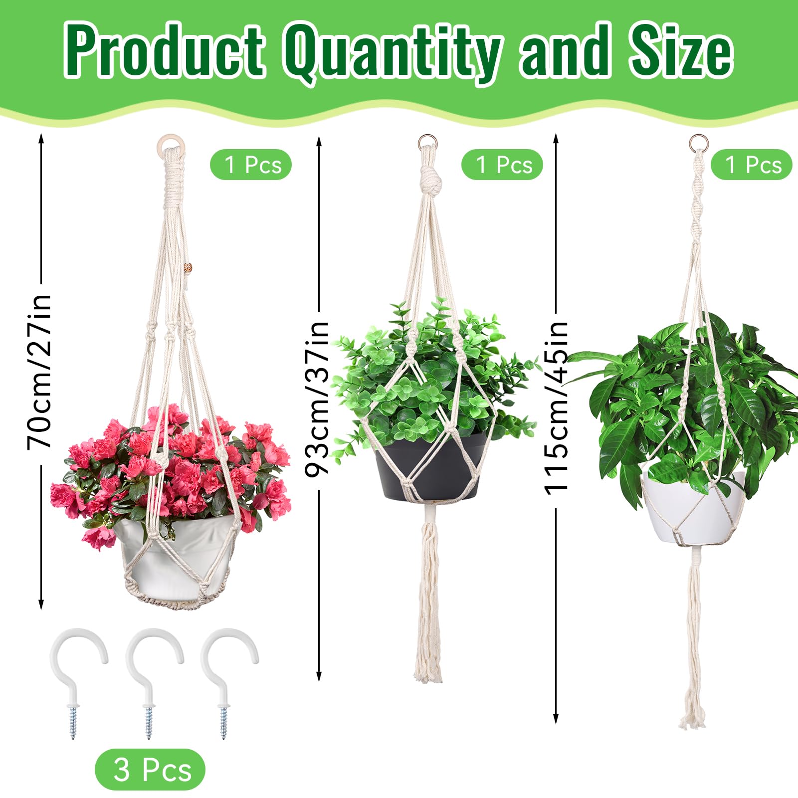 WINKIO 3 Pack Handwoven Cotton Rope Macrame Plant Hanger - Indoor Hanging Planter with 3 Hooks, Boho Home Decor