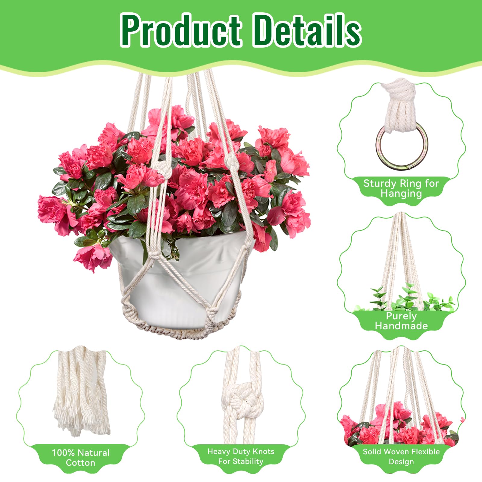 WINKIO 3 Pack Handwoven Cotton Rope Macrame Plant Hanger - Indoor Hanging Planter with 3 Hooks, Boho Home Decor