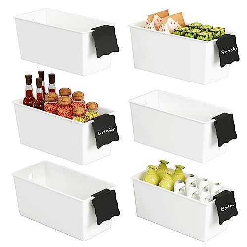 Plastic Storage Bins 6 Pack with Clip Labels & Chalk Marker, Front Handle Design, 11"x5" Pantry Organization and Storage Open Top Baskets for Shelves Closet Cabinet Sink Counter Cupboard Drawer Rridge