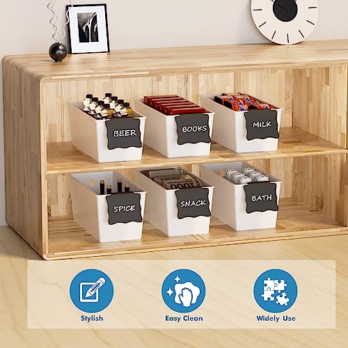 Plastic Storage Bins 6 Pack with Clip Labels & Chalk Marker, Front Handle Design, 11"x5" Pantry Organization and Storage Open Top Baskets for Shelves Closet Cabinet Sink Counter Cupboard Drawer Rridge