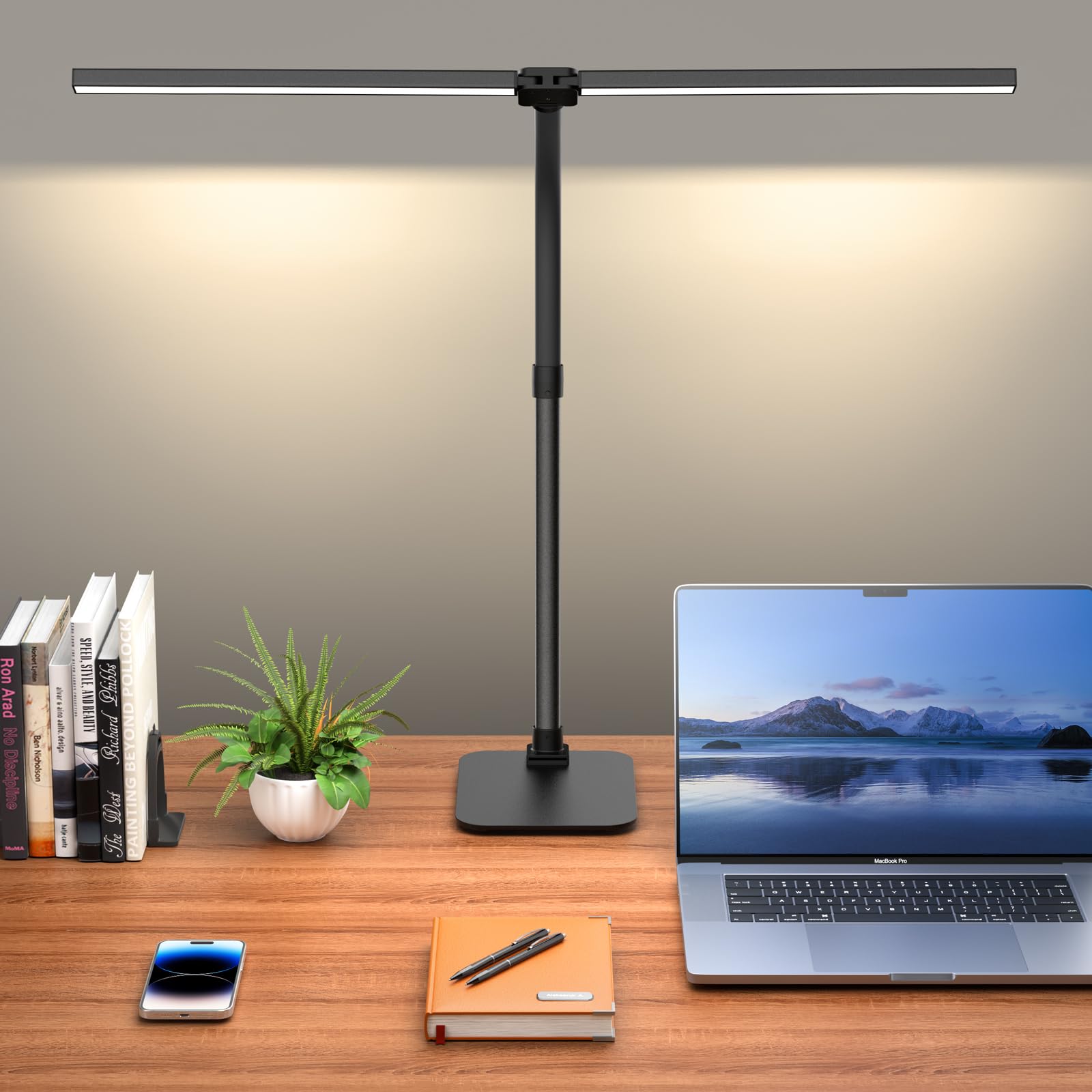 Kaulsoue Desk Lamp Architect Task Dual Head Modern Flexible Gooseneck Tall Dimmable Light for Home Office, 5 Color Modes,Remote Control, 1500lm 24W Extra Bright Lighting