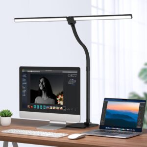 Kaulsoue Desk Lamp Architect Task Dual Head Modern Flexible Gooseneck Tall Dimmable Light for Home Office, 5 Color Modes,Remote Control, 1500lm 24W Extra Bright Lighting