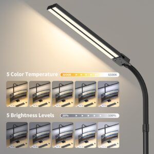 Kaulsoue Desk Lamp Architect Task Dual Head Modern Flexible Gooseneck Tall Dimmable Light for Home Office, 5 Color Modes,Remote Control, 1500lm 24W Extra Bright Lighting