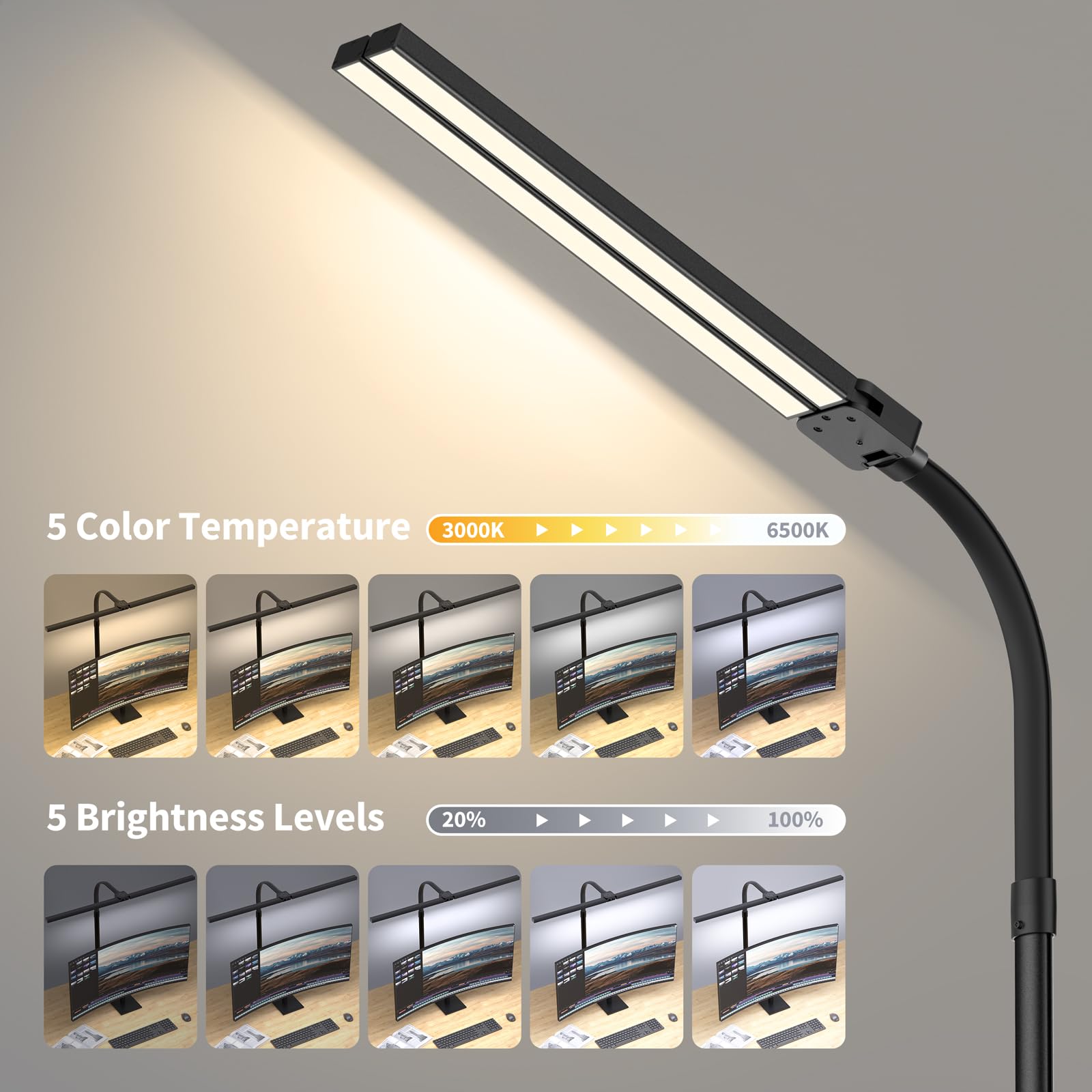 Kaulsoue Desk Lamp Architect Task Dual Head Modern Flexible Gooseneck Tall Dimmable Light for Home Office, 5 Color Modes,Remote Control, 1500lm 24W Extra Bright Lighting