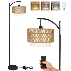 arc floor lamp for living room with 3 color temperatures, farmhouse floor lamps with remote & dimmable bulb, boho standing lamp with rattan & fabric shades, adjustable tall lamp for bedroom, office