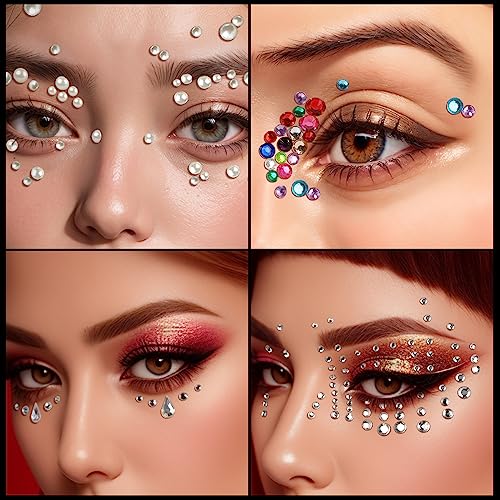 Teenitor Self Adhesive Face Gems and Pearls for Makeup, Festival Jewels, Hair Gems, Rhinestone Stickers for Face, Eye, Makeup, Nail, Body, Crafts