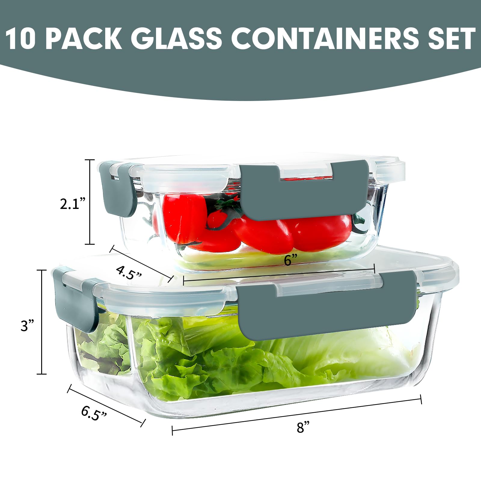 VERONES 10 Pack Glass Meal Prep Containers, Airtight Glass Lunch Containers, Stackable Glass Food Storage Containers Set with Lids,BPA-Free, for Microwave, Oven, Freezer & Dishwasher Friendly,Grey