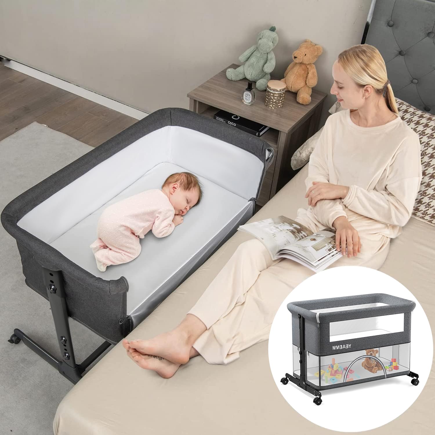 MMBABY Baby Bassinet Bedside Sleeper Bedside Crib Easy Folding Portable Crib 3 in 1 Travel Baby Bed with Adjustable Height,Breathable Net,Large Storage Bag and Mattress (Dark Grey)