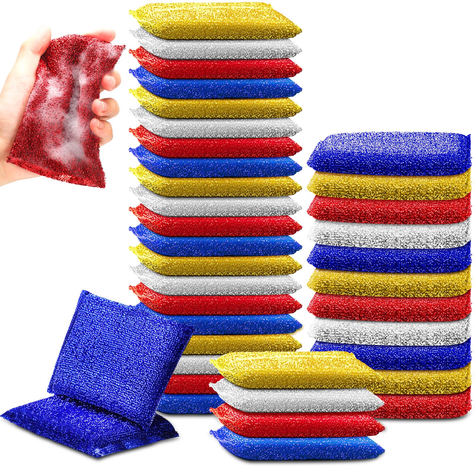 Dandat 40 Pack Steel Dish Sponge Bulk Scrub Sponge Multipurpose Kitchen Scrub Sponges Non Scratch Sponges for Household Cleaning, Dishes, Bathroom, Car, Gold Silver Blue Red