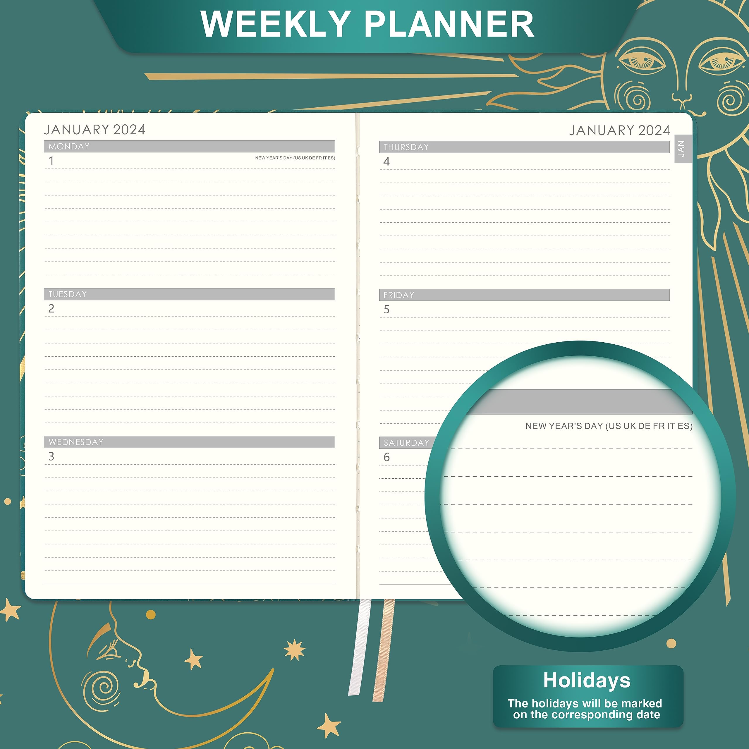 Planner 2024 - Weekly Monthly Planner 2024, 2024 Calendar Planner from January 2024 - December 2024, 5.75" x 8.4", Planner 2024 with Inner Pocket, Pen Holder, Elastic Closure