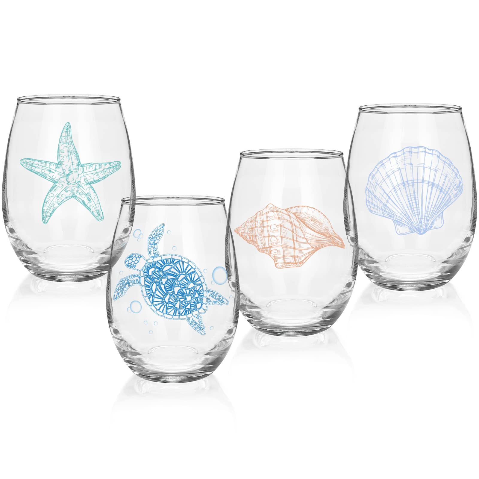 Ocean Themed Stemless Wine Glasses, Set of 4 Seashore Glassware - Sea Turtle, Starfish, Seashell, Conch Shell Assortment, Gifts for Coastal Beach Sea Lovers, Birthday Gifts for Women Best Friends Gift