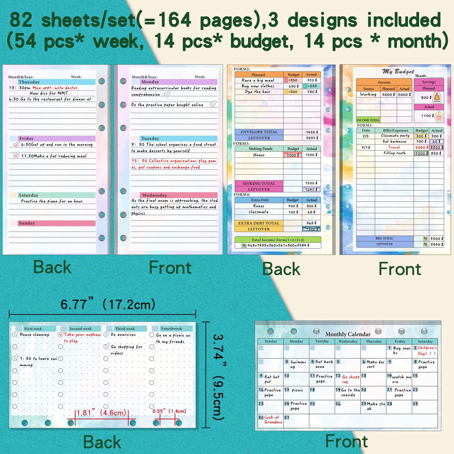 A6 Budget Planner Refill, Prefdo 82 Sheets Weekly Planner Monthly Calendar Inserts 6-Hole Budget Planner for A6 Budget Binder Cover, Binder Money Organizer for Cash, Saving (Set 2)