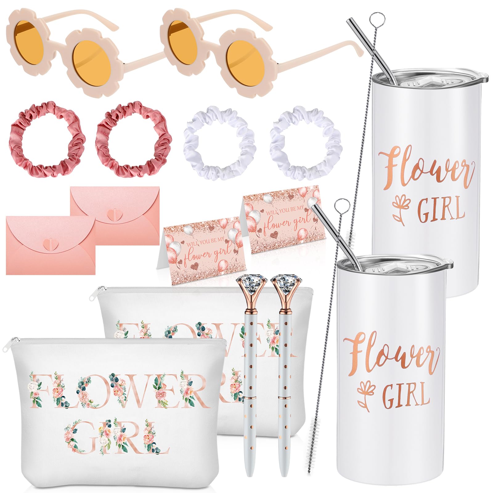 Flower Girl Proposal Gifts Flower Girl Tumblers with Straws Be My Flower Girl Card with Envelope Canvas Makeup Bag Sunglasses Hair Scrunchies Diamond Pen for Wedding Bridal Shower (White, 16 Pcs)