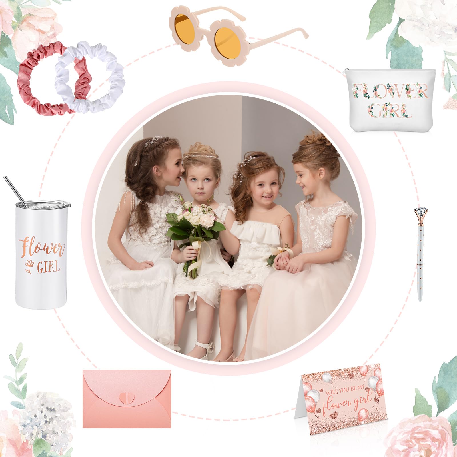 Flower Girl Proposal Gifts Flower Girl Tumblers with Straws Be My Flower Girl Card with Envelope Canvas Makeup Bag Sunglasses Hair Scrunchies Diamond Pen for Wedding Bridal Shower (White, 16 Pcs)