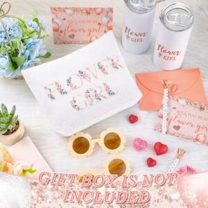 Flower Girl Proposal Gifts Flower Girl Tumblers with Straws Be My Flower Girl Card with Envelope Canvas Makeup Bag Sunglasses Hair Scrunchies Diamond Pen for Wedding Bridal Shower (White, 16 Pcs)