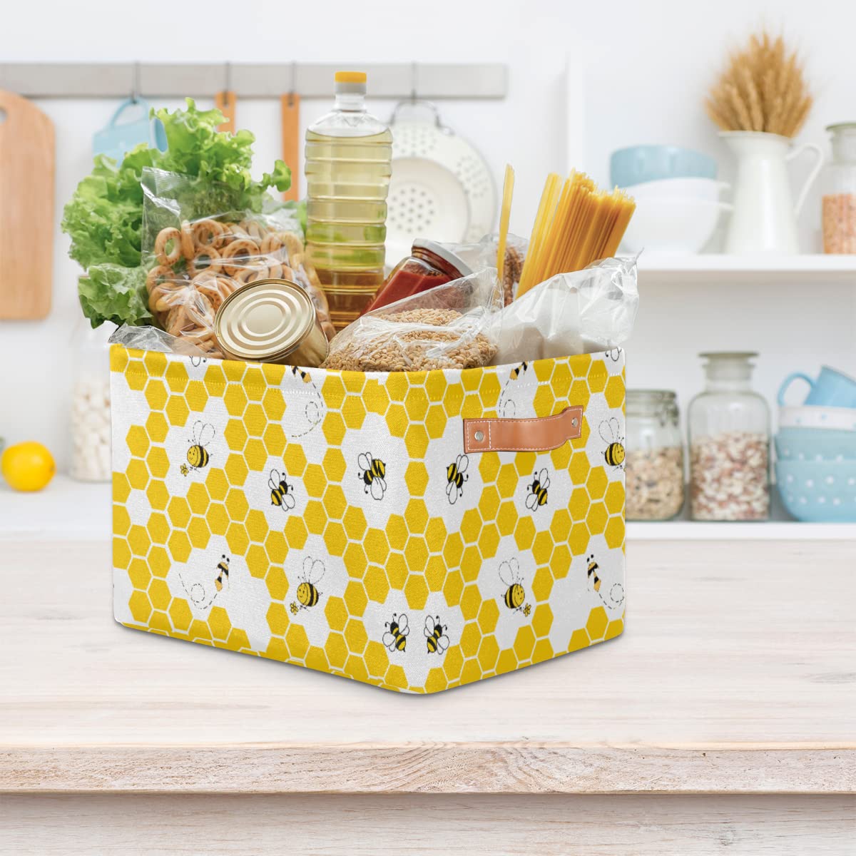 Cute Yellow Honey Bee Storage Basket Bin Geometric Honeycomb Collapsible Fabric Large Toys Storage Cube Box with Handles Closet Shelf Cloth Organzier for Nursery Kids Bedroom,15x11x9.5 in,1 Pack