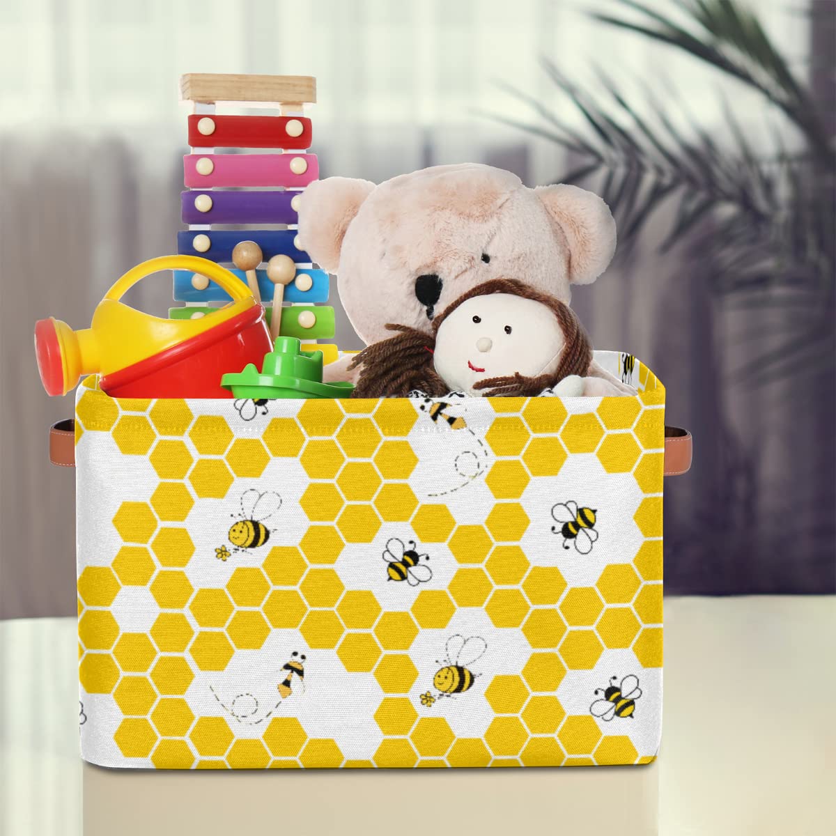 Cute Yellow Honey Bee Storage Basket Bin Geometric Honeycomb Collapsible Fabric Large Toys Storage Cube Box with Handles Closet Shelf Cloth Organzier for Nursery Kids Bedroom,15x11x9.5 in,1 Pack