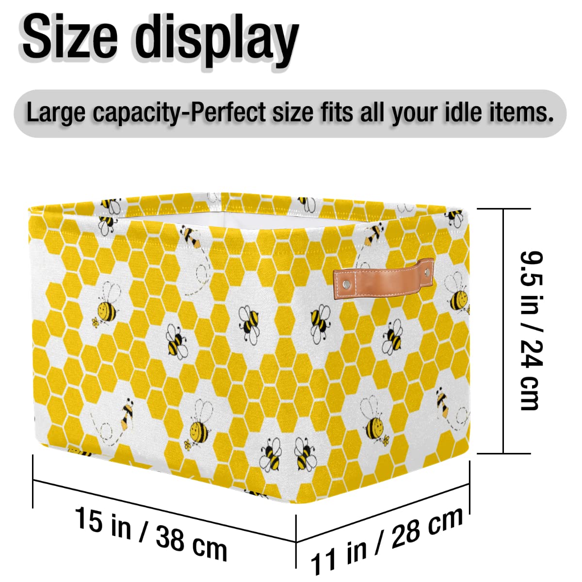 Cute Yellow Honey Bee Storage Basket Bin Geometric Honeycomb Collapsible Fabric Large Toys Storage Cube Box with Handles Closet Shelf Cloth Organzier for Nursery Kids Bedroom,15x11x9.5 in,1 Pack