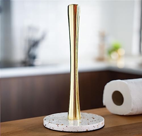 Zasu Marble Paper Towel Holder Gold Countertop, Kitchen, Toilet, Pantry and Bathroom Standing Paper Towel Roll Holders with Marble Base for Standard or Jumbo-Sized Roll Holder (Gold/Marble)