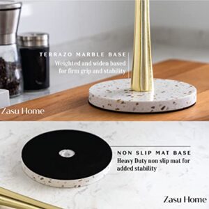 Zasu Marble Paper Towel Holder Gold Countertop, Kitchen, Toilet, Pantry and Bathroom Standing Paper Towel Roll Holders with Marble Base for Standard or Jumbo-Sized Roll Holder (Gold/Marble)