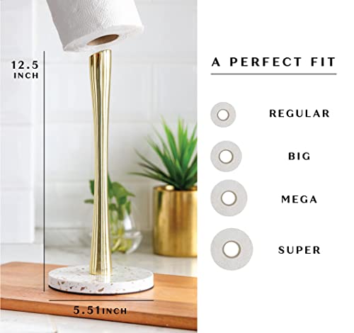 Zasu Marble Paper Towel Holder Gold Countertop, Kitchen, Toilet, Pantry and Bathroom Standing Paper Towel Roll Holders with Marble Base for Standard or Jumbo-Sized Roll Holder (Gold/Marble)