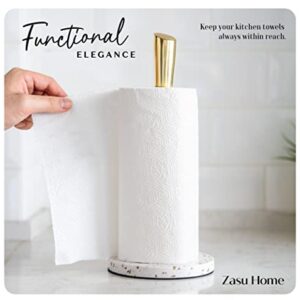 Zasu Marble Paper Towel Holder Gold Countertop, Kitchen, Toilet, Pantry and Bathroom Standing Paper Towel Roll Holders with Marble Base for Standard or Jumbo-Sized Roll Holder (Gold/Marble)