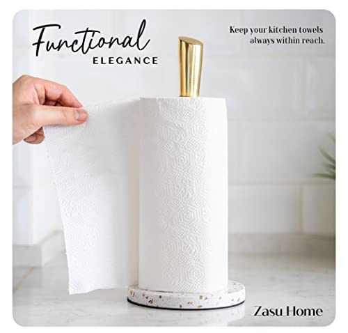 Zasu Marble Paper Towel Holder Gold Countertop, Kitchen, Toilet, Pantry and Bathroom Standing Paper Towel Roll Holders with Marble Base for Standard or Jumbo-Sized Roll Holder (Gold/Marble)