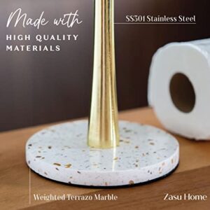 Zasu Marble Paper Towel Holder Gold Countertop, Kitchen, Toilet, Pantry and Bathroom Standing Paper Towel Roll Holders with Marble Base for Standard or Jumbo-Sized Roll Holder (Gold/Marble)