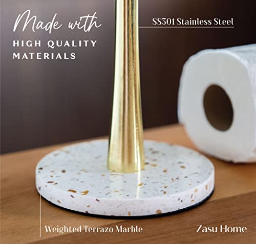 Zasu Marble Paper Towel Holder Gold Countertop, Kitchen, Toilet, Pantry and Bathroom Standing Paper Towel Roll Holders with Marble Base for Standard or Jumbo-Sized Roll Holder (Gold/Marble)