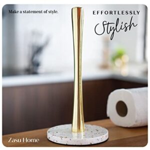 Zasu Marble Paper Towel Holder Gold Countertop, Kitchen, Toilet, Pantry and Bathroom Standing Paper Towel Roll Holders with Marble Base for Standard or Jumbo-Sized Roll Holder (Gold/Marble)