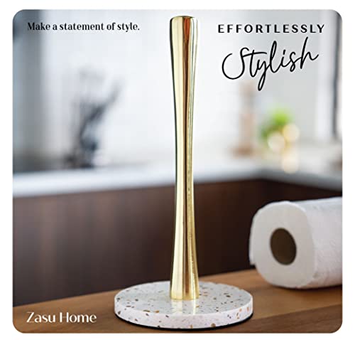 Zasu Marble Paper Towel Holder Gold Countertop, Kitchen, Toilet, Pantry and Bathroom Standing Paper Towel Roll Holders with Marble Base for Standard or Jumbo-Sized Roll Holder (Gold/Marble)