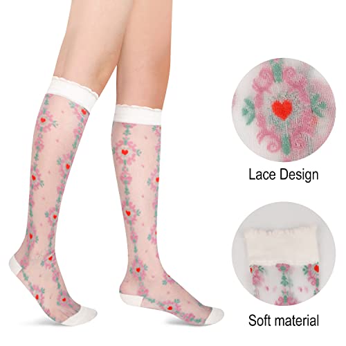 Benefeet Sox Womens Girls Cute Lace Knee High Socks Purple Sheer Mesh Knee High Stockings Transparent See Through Ultra Thin Silk Fancy Flower Patterned Printed Long Stocking Socks, Purple Floral