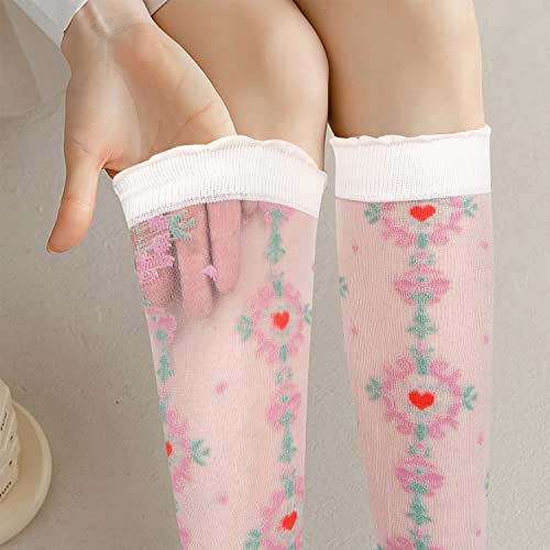 Benefeet Sox Womens Girls Cute Lace Knee High Socks Purple Sheer Mesh Knee High Stockings Transparent See Through Ultra Thin Silk Fancy Flower Patterned Printed Long Stocking Socks, Purple Floral