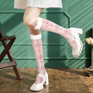 Benefeet Sox Womens Girls Cute Lace Knee High Socks Purple Sheer Mesh Knee High Stockings Transparent See Through Ultra Thin Silk Fancy Flower Patterned Printed Long Stocking Socks, Purple Floral