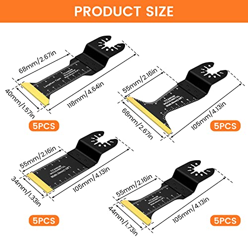 HOTBEST 20Pcs Bi-Metal Titanium Coated Oscillating Saw Blades, Sharp Wear Resistant, Fast Cutting Multitool Saw Blades with Gasket Adapters (20pcs)