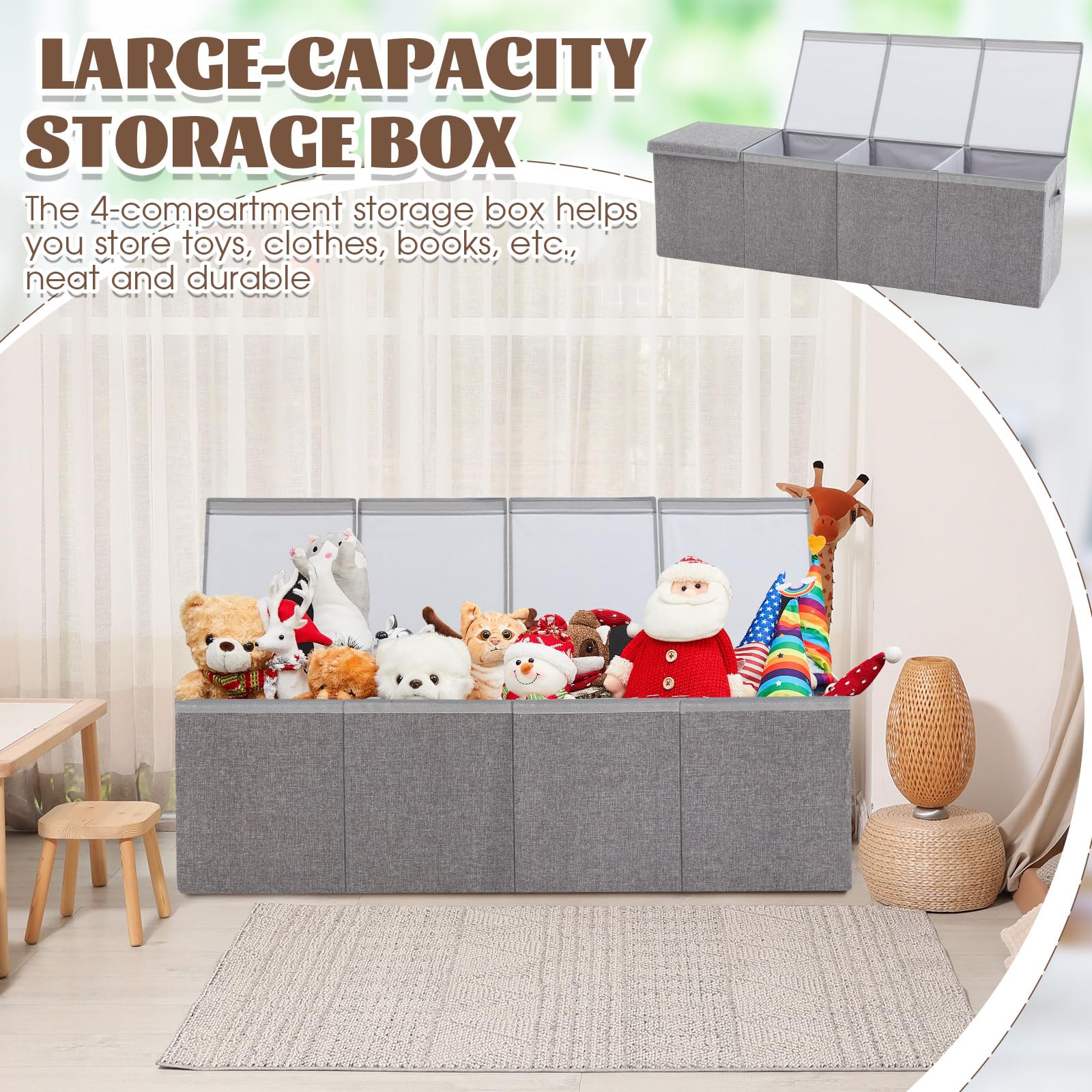 Patelai Large Toy Box Chest Collapsible Sturdy Storage Bins with Lid and Handles Christmas Toy Box Chest Storage Organizer for Playroom Bedroom Christmas Gift (Gray,49.2 x 13 x 15.7'')