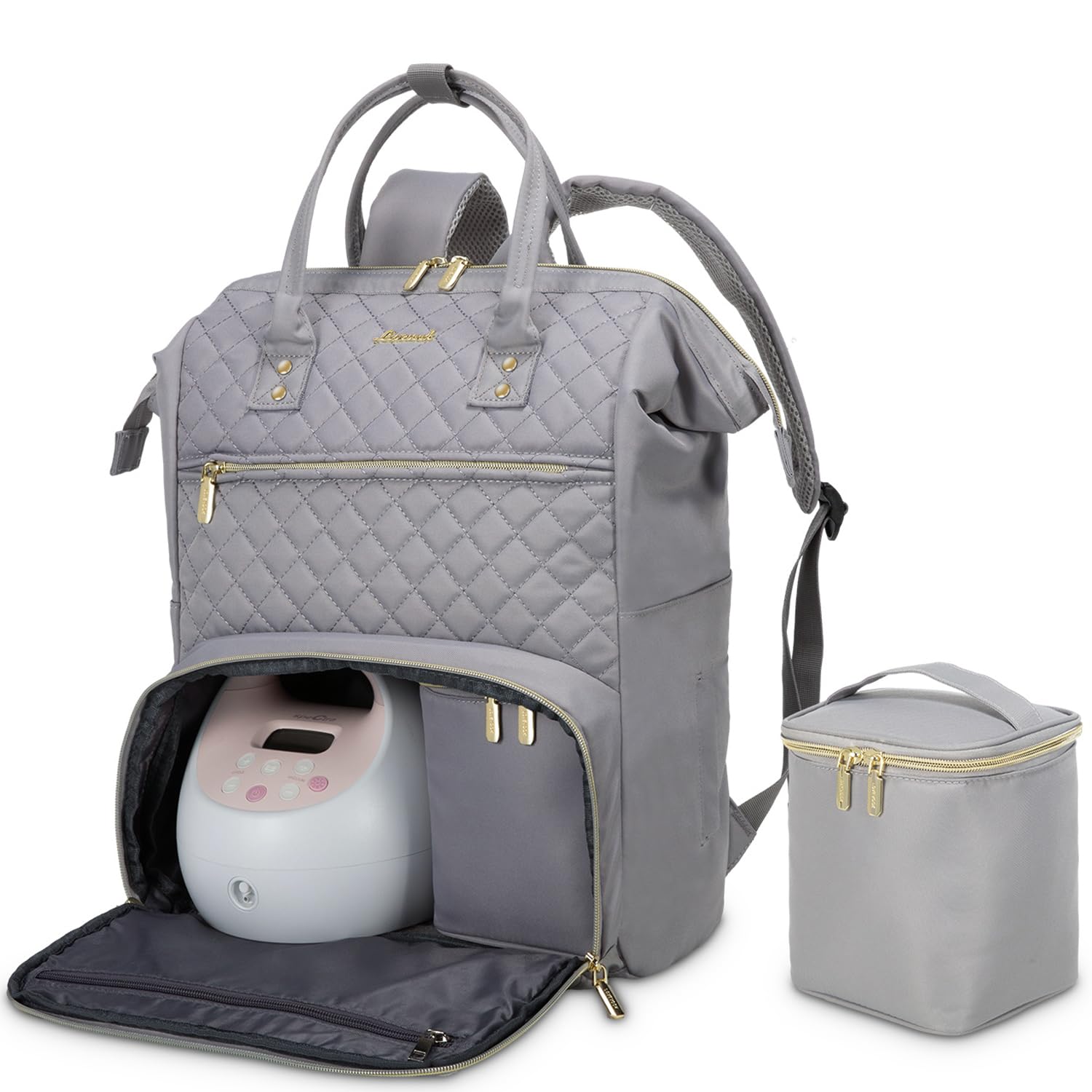 LOVEVOOK Breast Pump Backpack with Cooler Bag, Quilted Breast Pump Bags Fits Spectra S1, S2 Medela, Travel Double Layer Pumping Bag for Working Moms with 15.6" Laptop Pocket, Grey